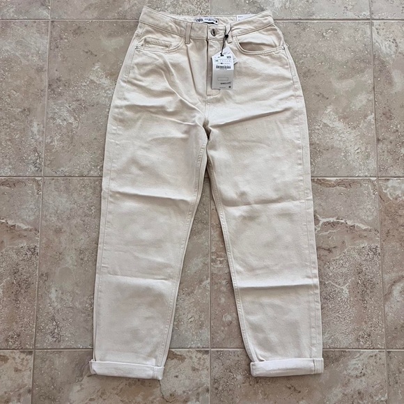 Zara | Jeans | Zara Beige Straight Leg Mom Jeans | Poshmark